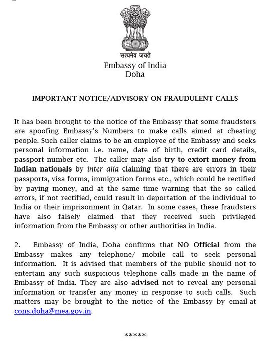 Indian Embassy In Doha Alerts Public Of Fraudsters Impersonating Embassy Officials For Personal